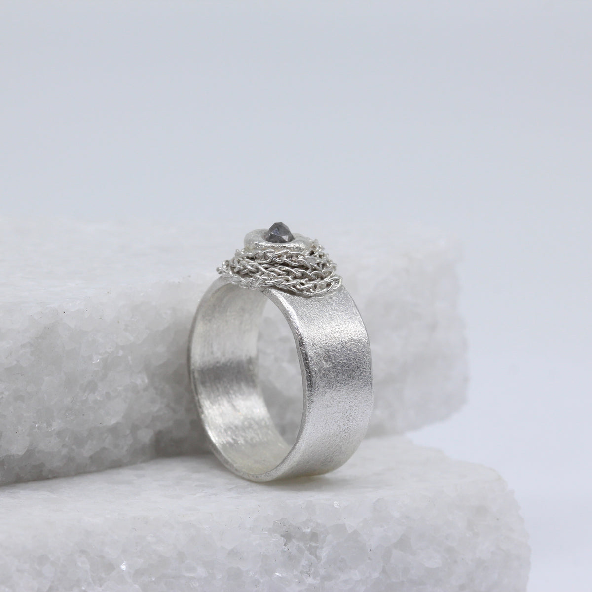 Rough diamond wide ring in sterling silver by Tamara Gomez